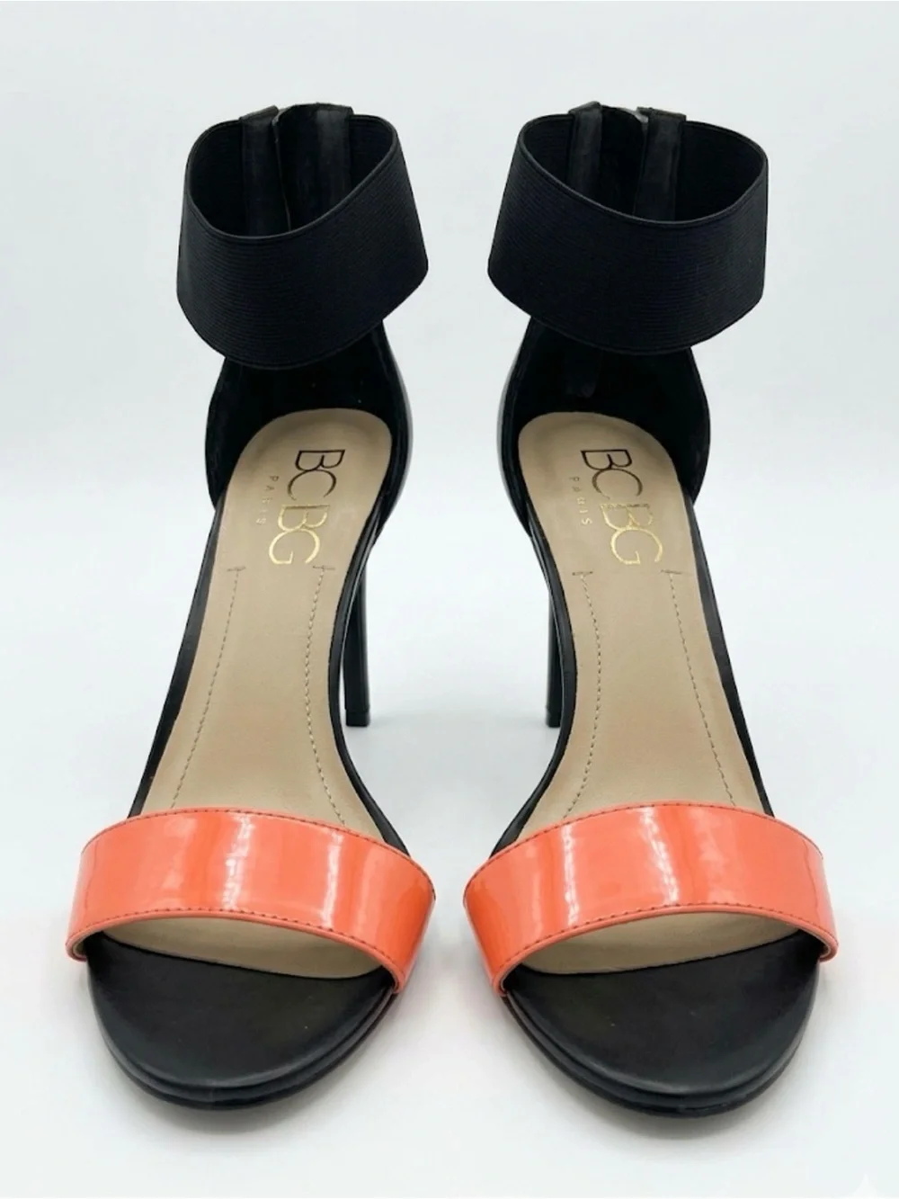 BCBG | Shoes | Bcbg Black And Coral Patent Opentoe Anklestrap Heels ...